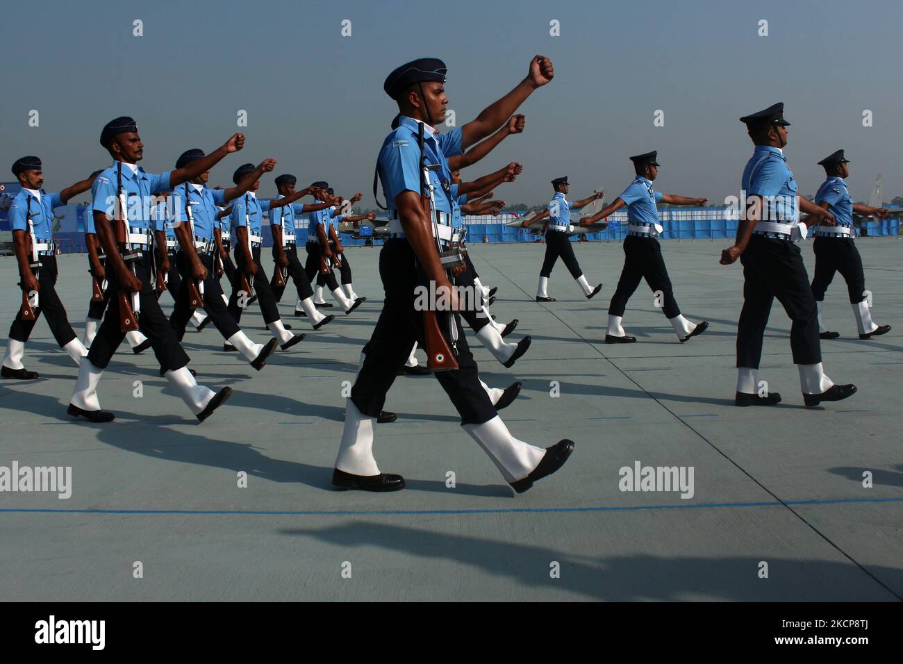 Indian Air Force (IAF) soldiers march past during the 89th Air Force ...