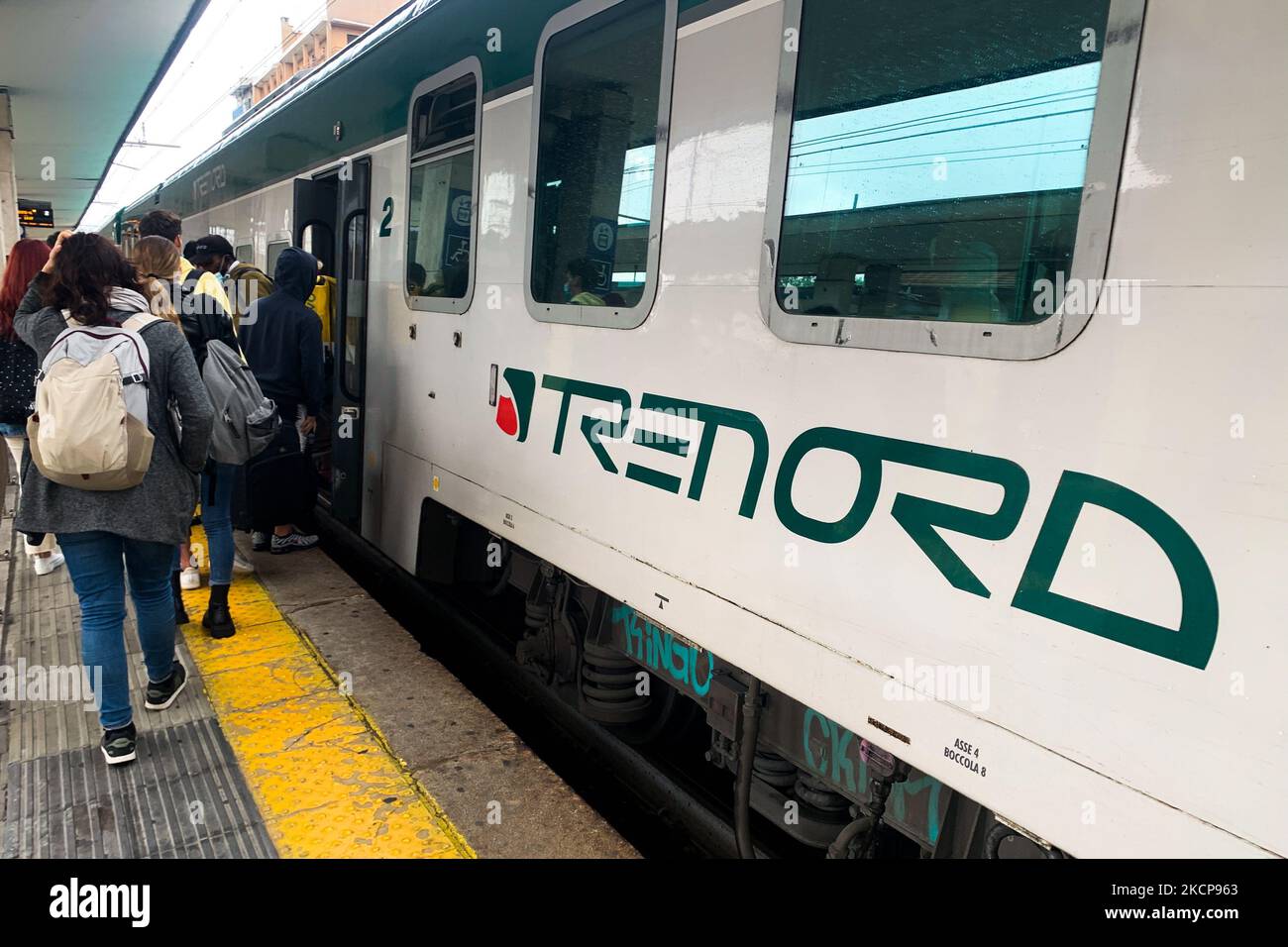 Trenord logo is seen on a train in Monza, Italy on October 5, 2021 ...