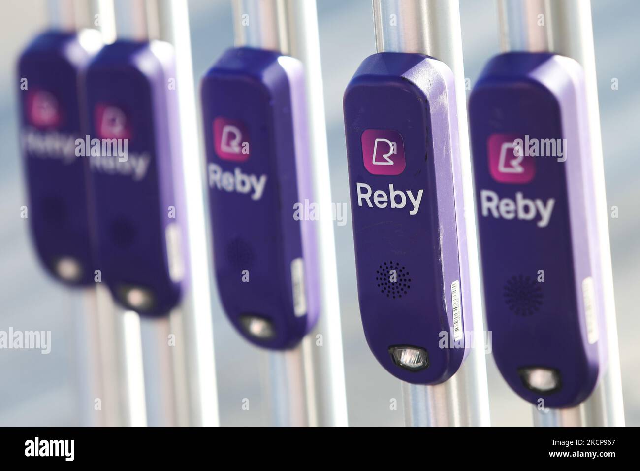 Reby logos are seen on electric scooters in Monza, Italy on October 5 ...