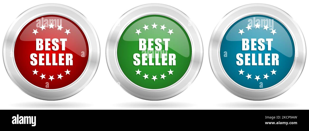 Best seller vector icon set. Red, blue and green silver metallic web ...