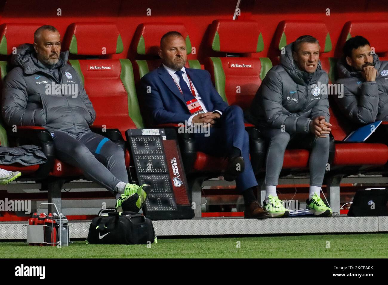 Slovakia head coach Stefan Tarkovic (C) looks on during the FIFA World ...