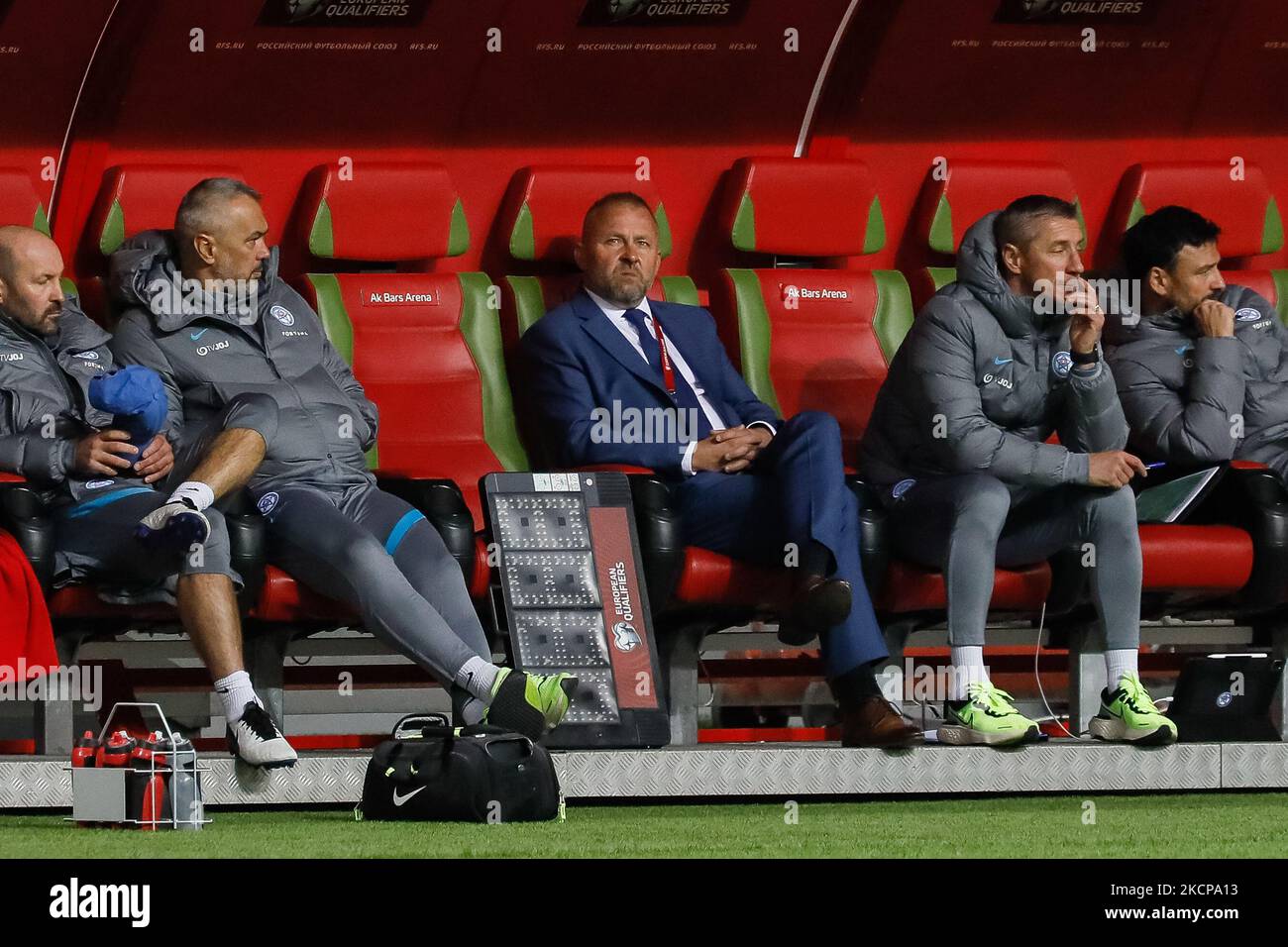 Slovakia head coach Stefan Tarkovic (C) looks on during the FIFA World ...