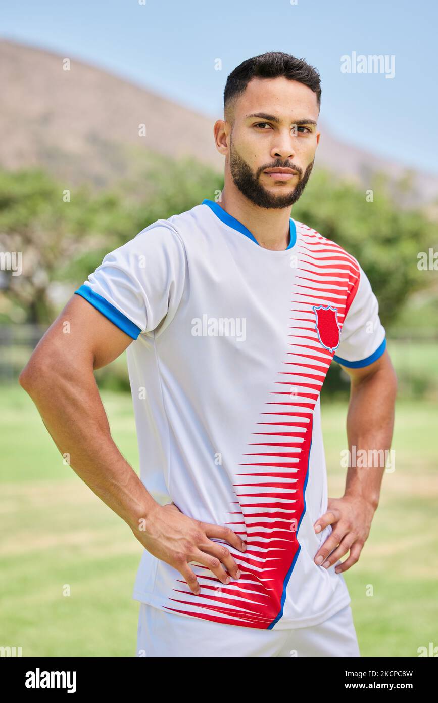 Soccer player focus on field with confidence before game, contest or ...