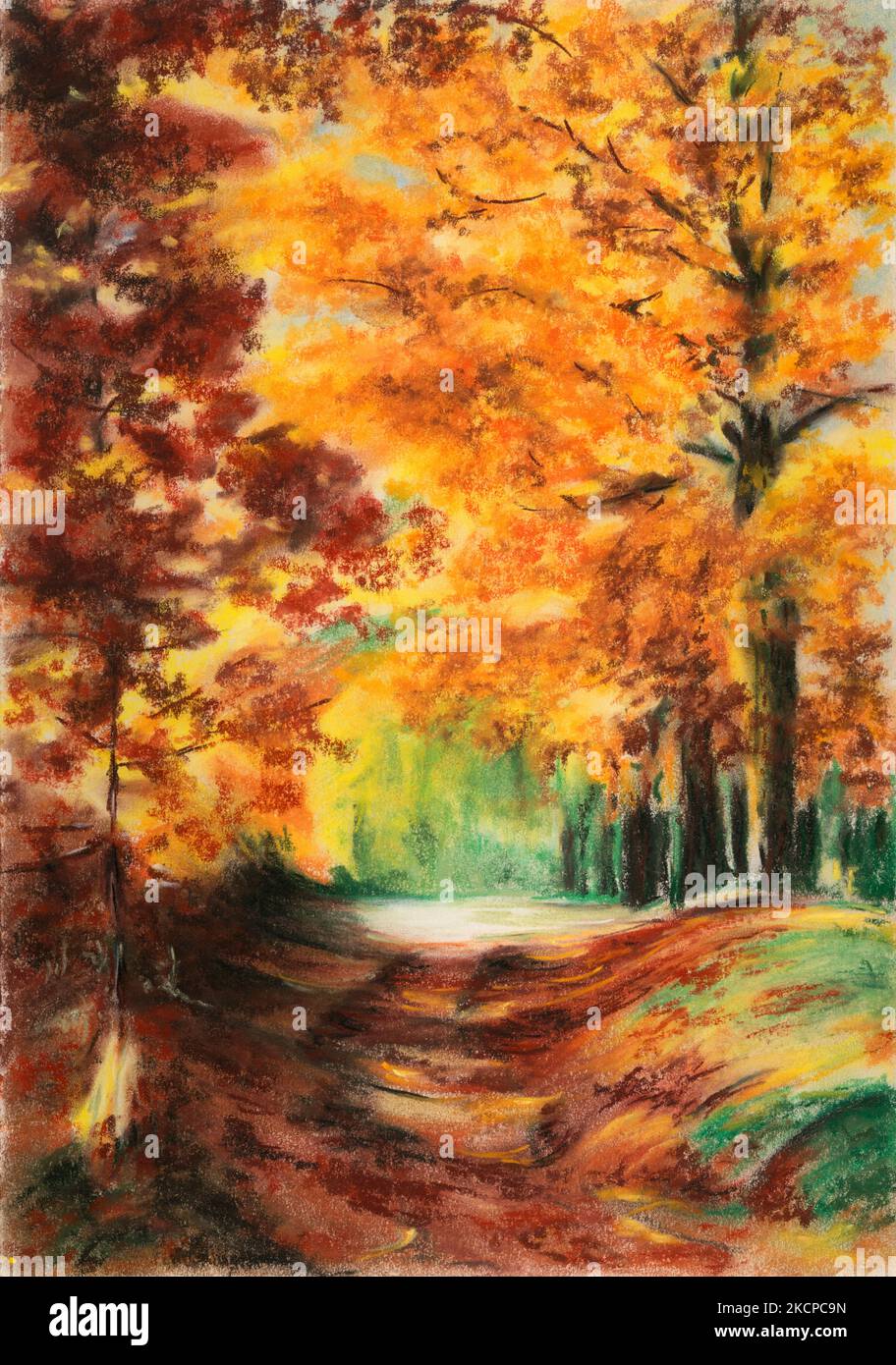 Autumn alley. Soft pastel on cardboard Stock Photo - Alamy
