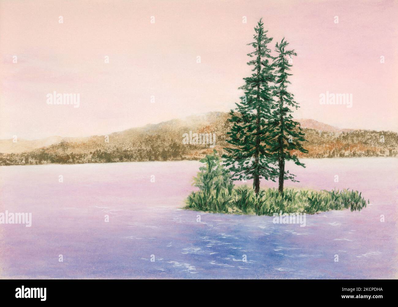 Small island on lake. Soft pastel on cardboard Stock Photo - Alamy