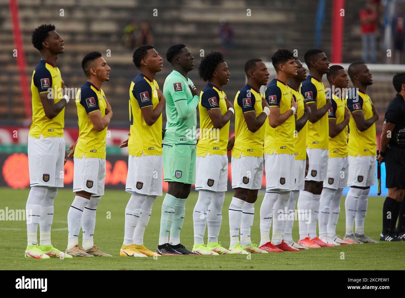 Players of Ecuador line up during the match between Venezuela and ...
