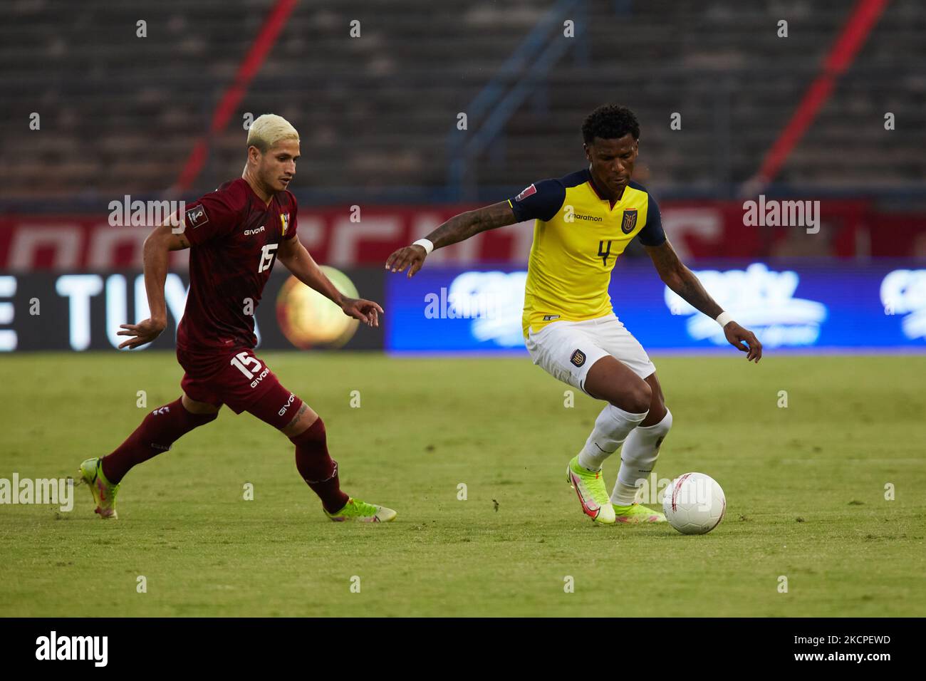 Robert Arboleda of Ecuador competes for the ball with Eric Ramirez of ...