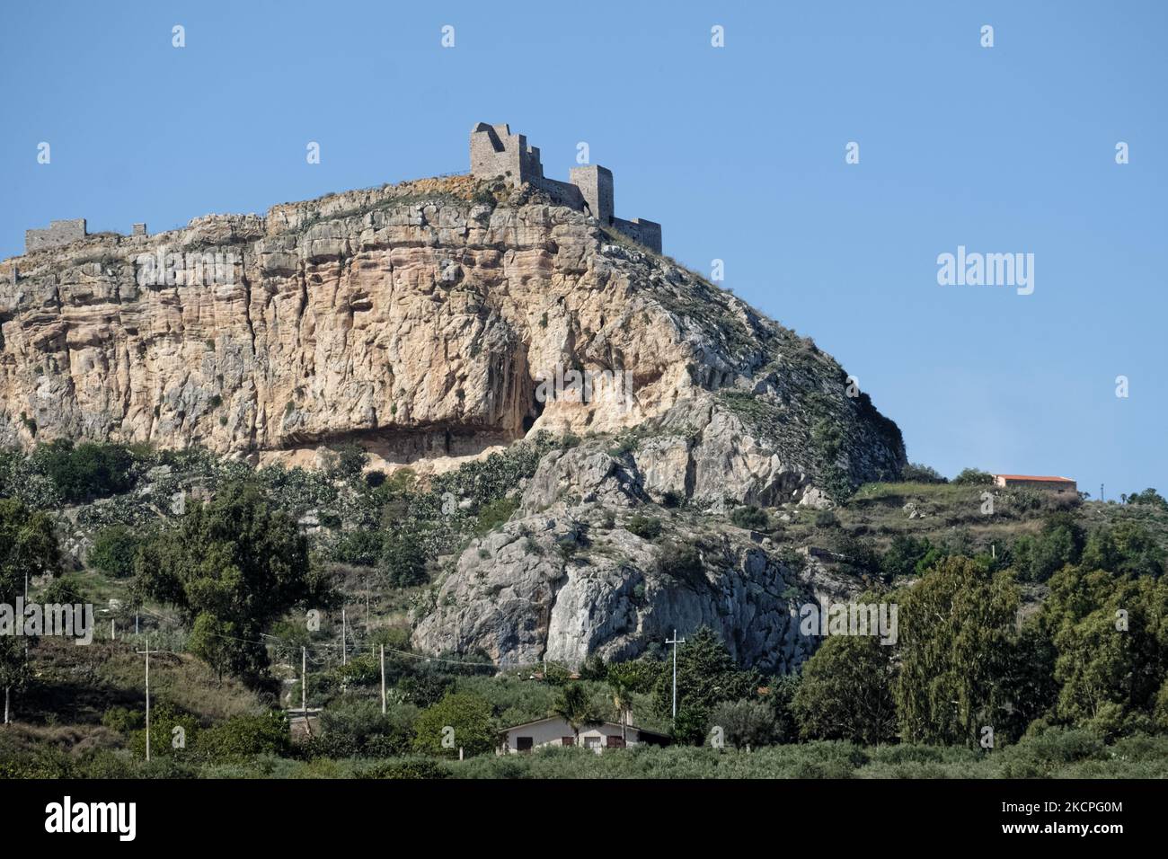 the cliff and the ruins of Vicari Castle in Western Sicily, Italy Stock ...