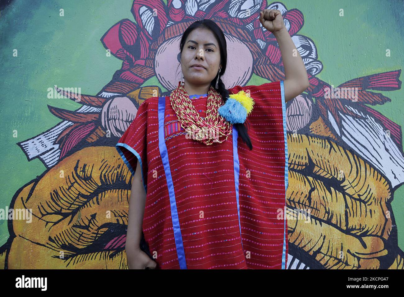 A woman from the Triqui community poses in front of a mural created by ...