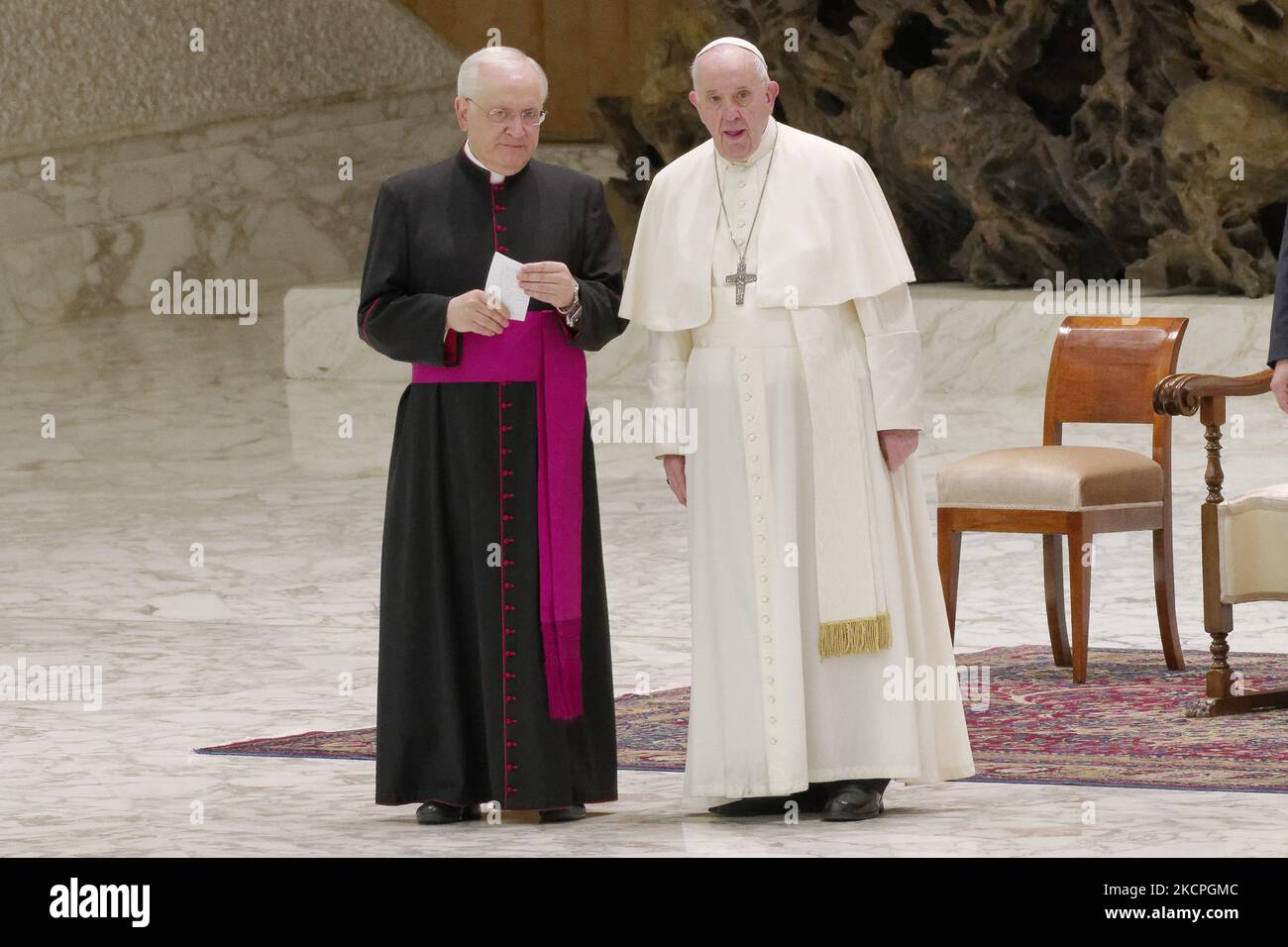 Pope Francis and Italian priest, Monsignor Leonardo Sapienza (L) attend ...