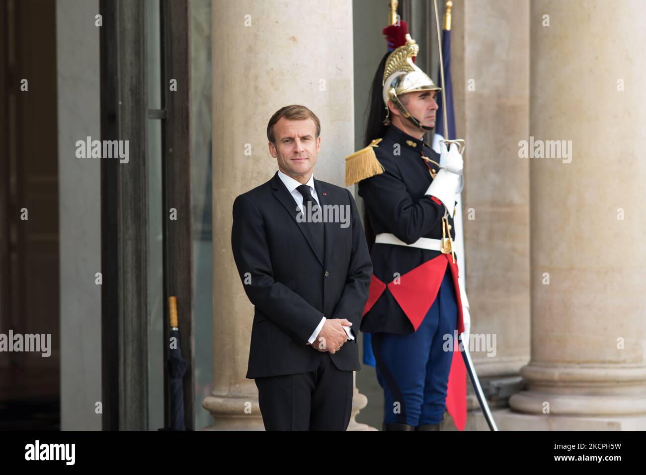 French President Emmanuel Macron waits at the Elysee Palace for the ...