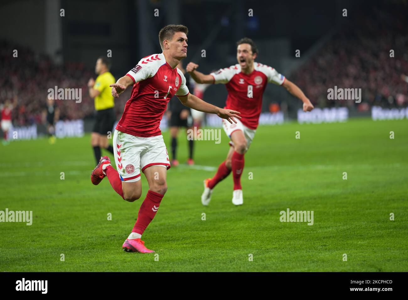 Joakim Maehle of Denmark celebrates scoring their first goal during ...