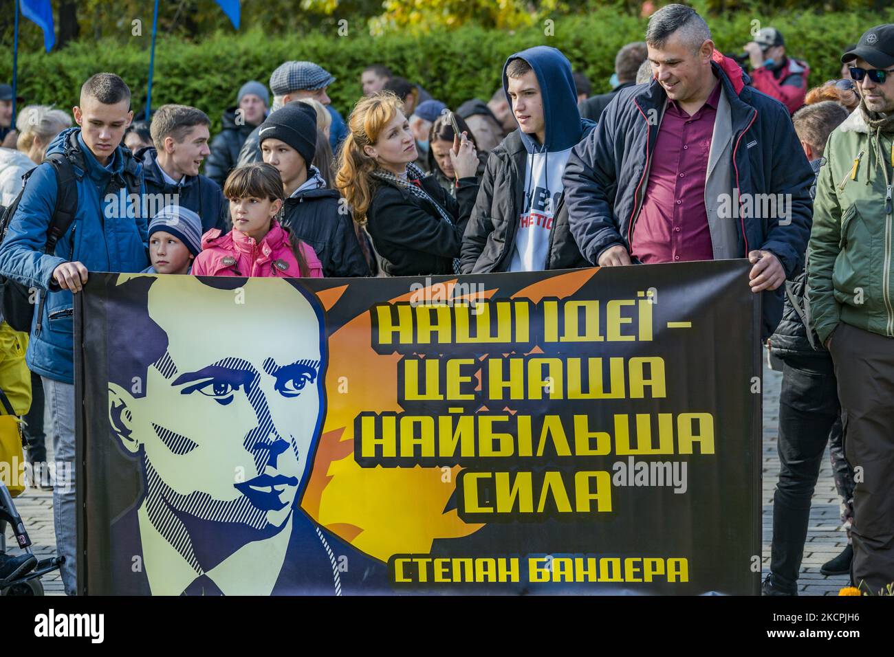 Banner of the ukrainian nationalist hero, Stepan Bandera, during a ...