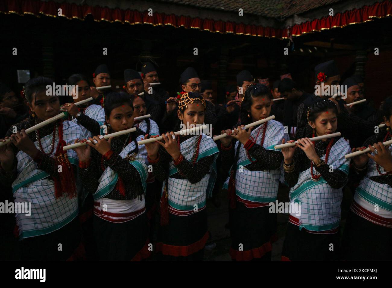 Nepalese Hindu devotees in traditional dress play traditional music to ...