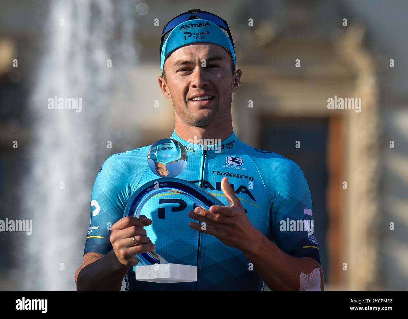 Alexey Lutsenko of Kazakhstan and Astana Team seen with the race trophy ...