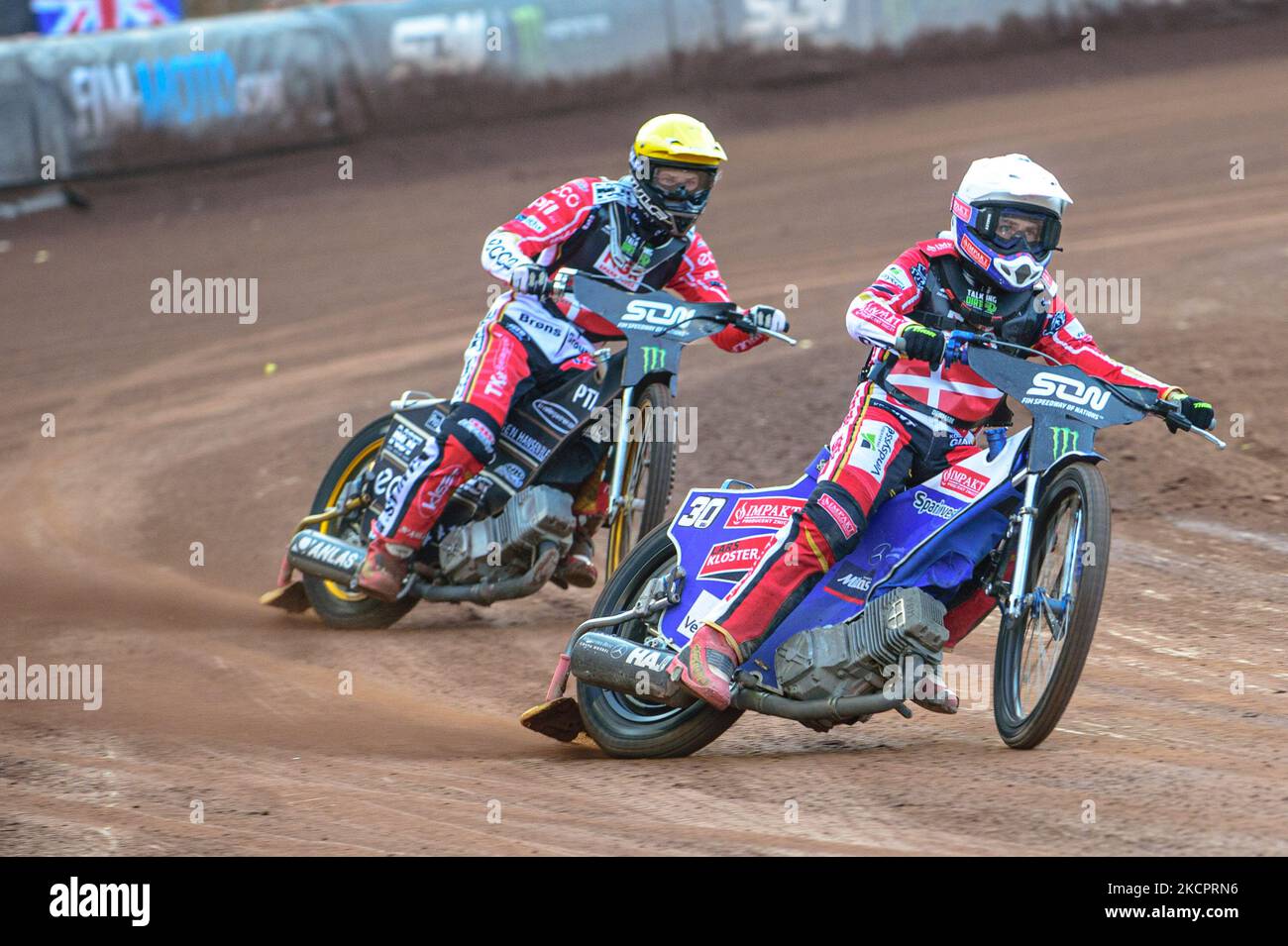 Leon Madsen of Denmark (White) leads team mate Mads Hansen of Denmark ...