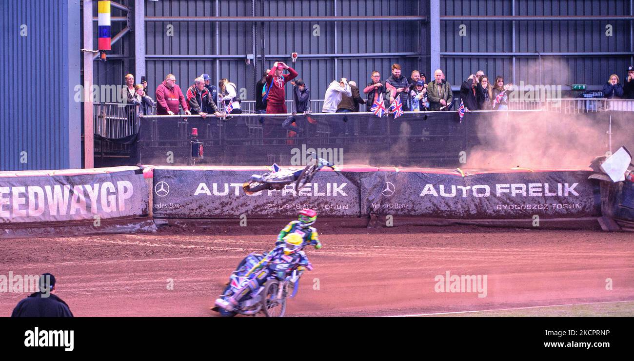 Tai Woffinden of Great Britain falls and hits the airfence during the ...