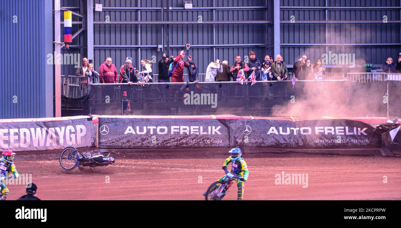 Tai Woffinden of Great Britain falls and hits the airfence during the ...