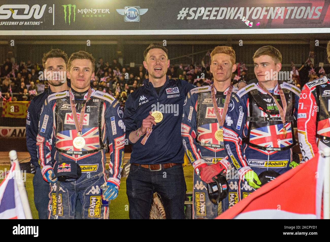 Great Britain - Speedway of Nations champions (l-r) Ollie Allen (Manager), Robert Lambert, Simon ...