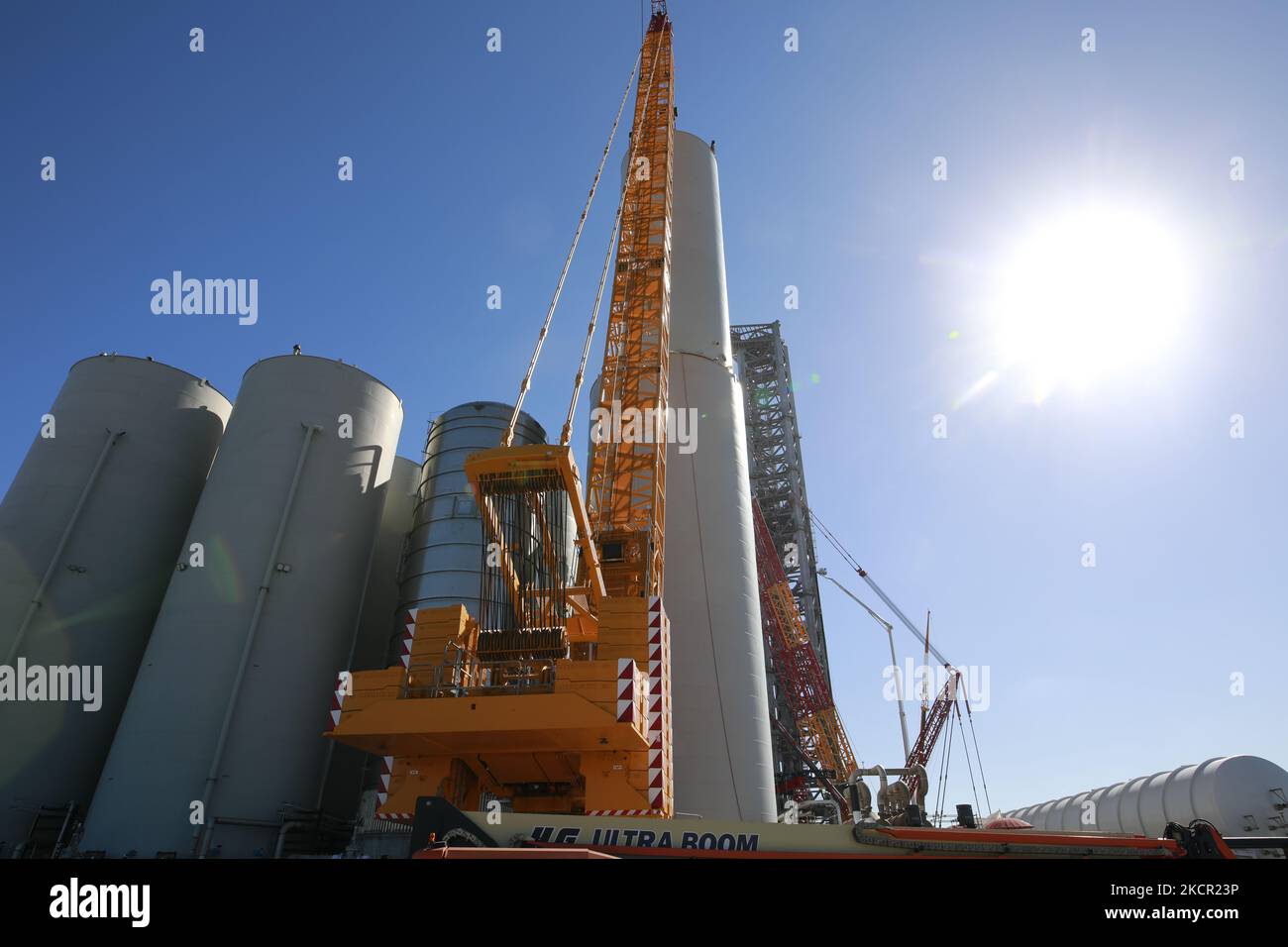 A GSE tank's shell is lowered into place on October 18th, 2021. (Photo ...