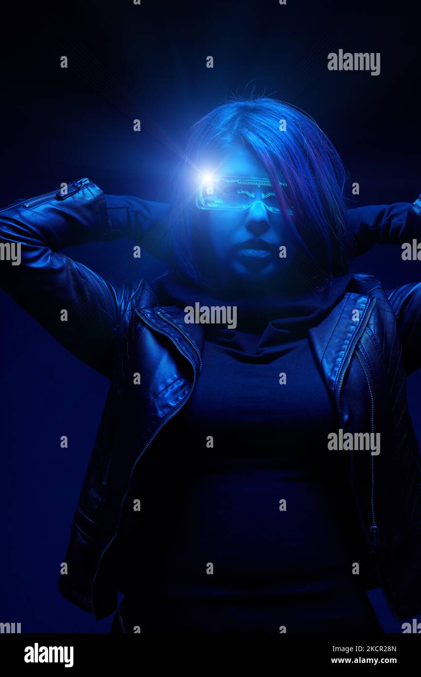 Woman is using augmented reality headset. Concept of virtual, augmented ...