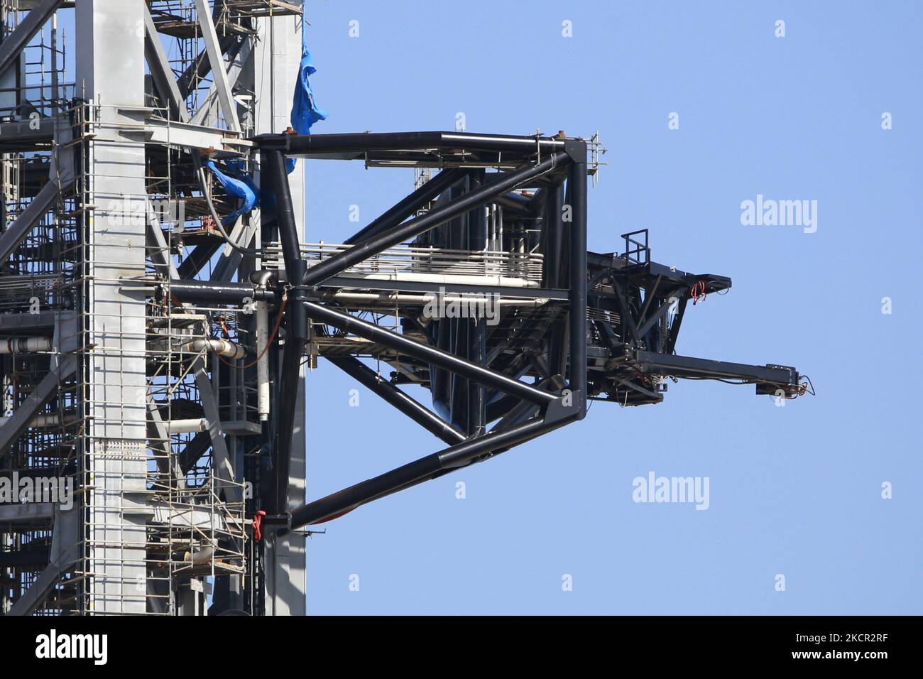 One of the launch tower's newly placed arms on October 19th, 2021 ...
