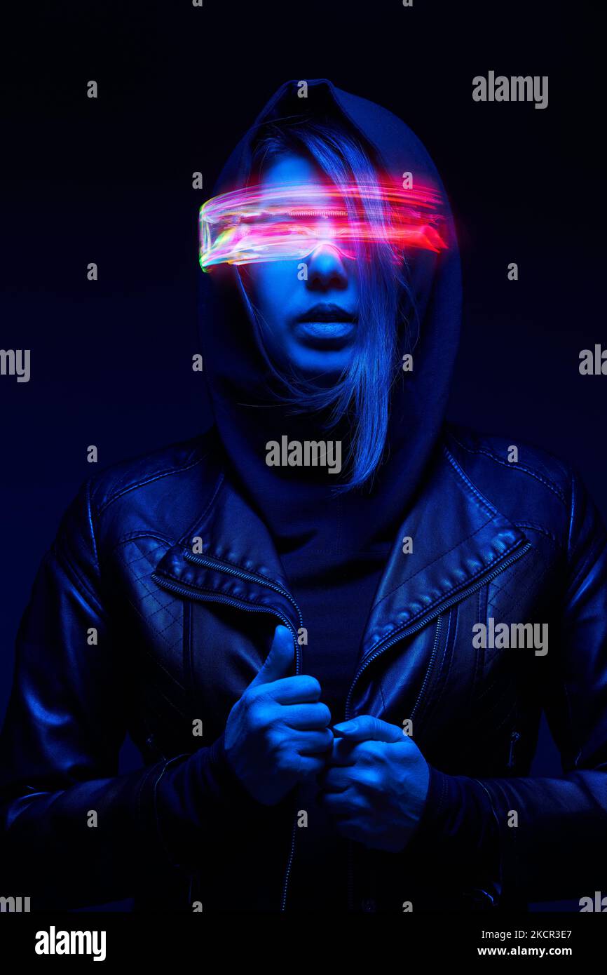 Woman is using augmented reality headset. Concept of virtual, augmented ...