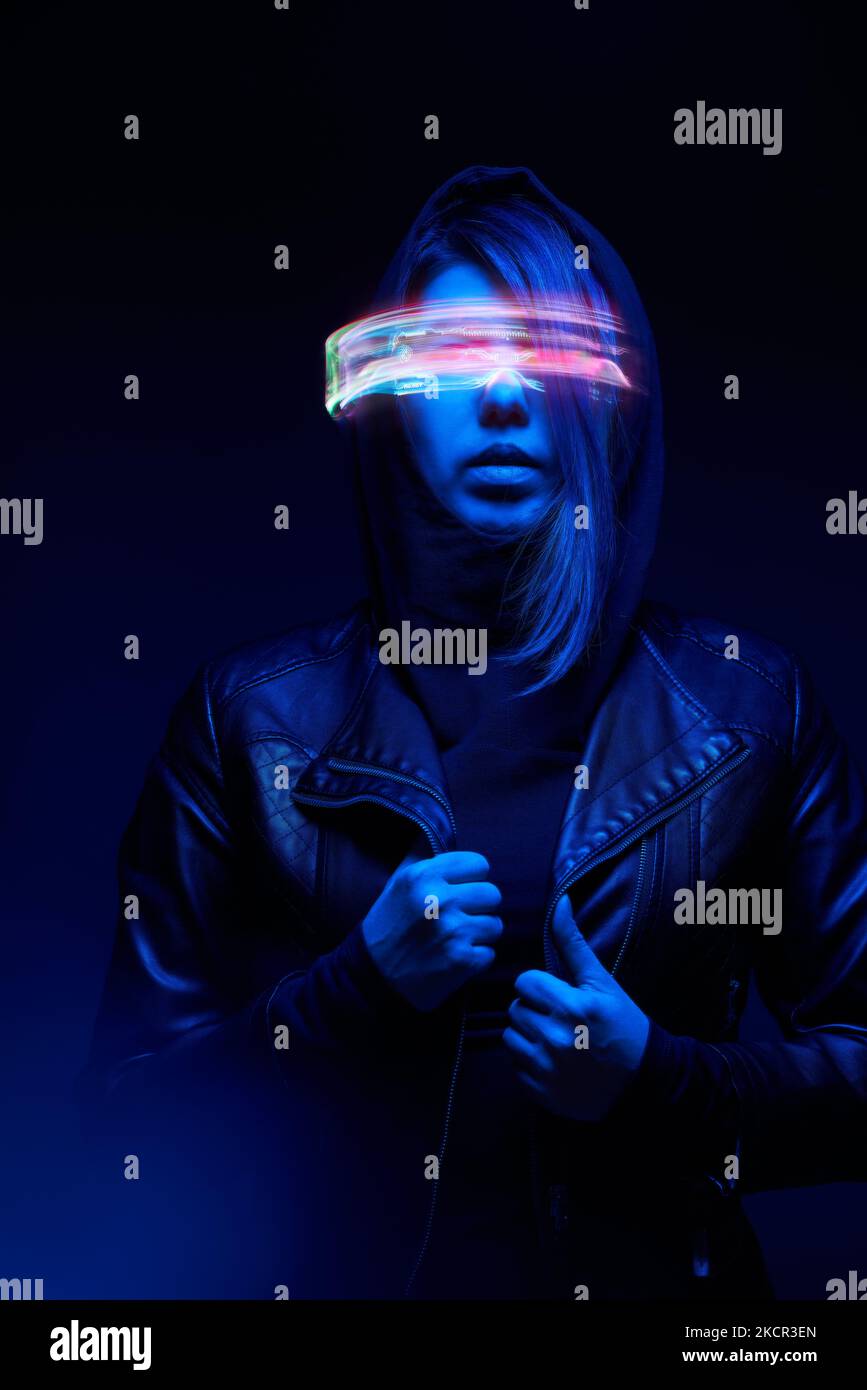 Woman is using augmented reality headset. Concept of virtual, augmented ...