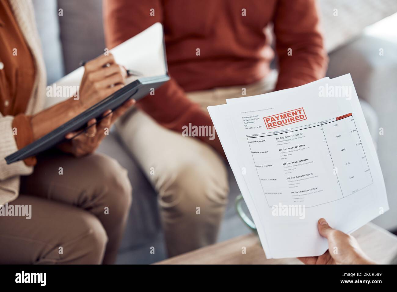 Finance, debt and payment with documents in a hand of a health ...