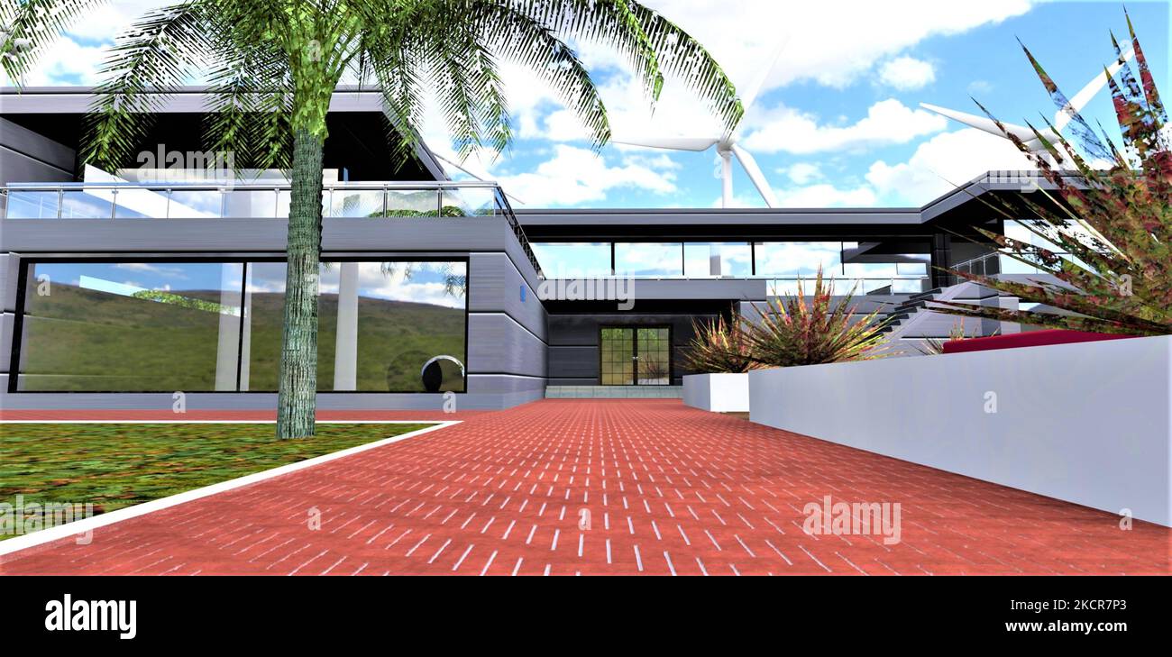 Design of a futuristic eco-friendly villa. The road to the porch of the ...