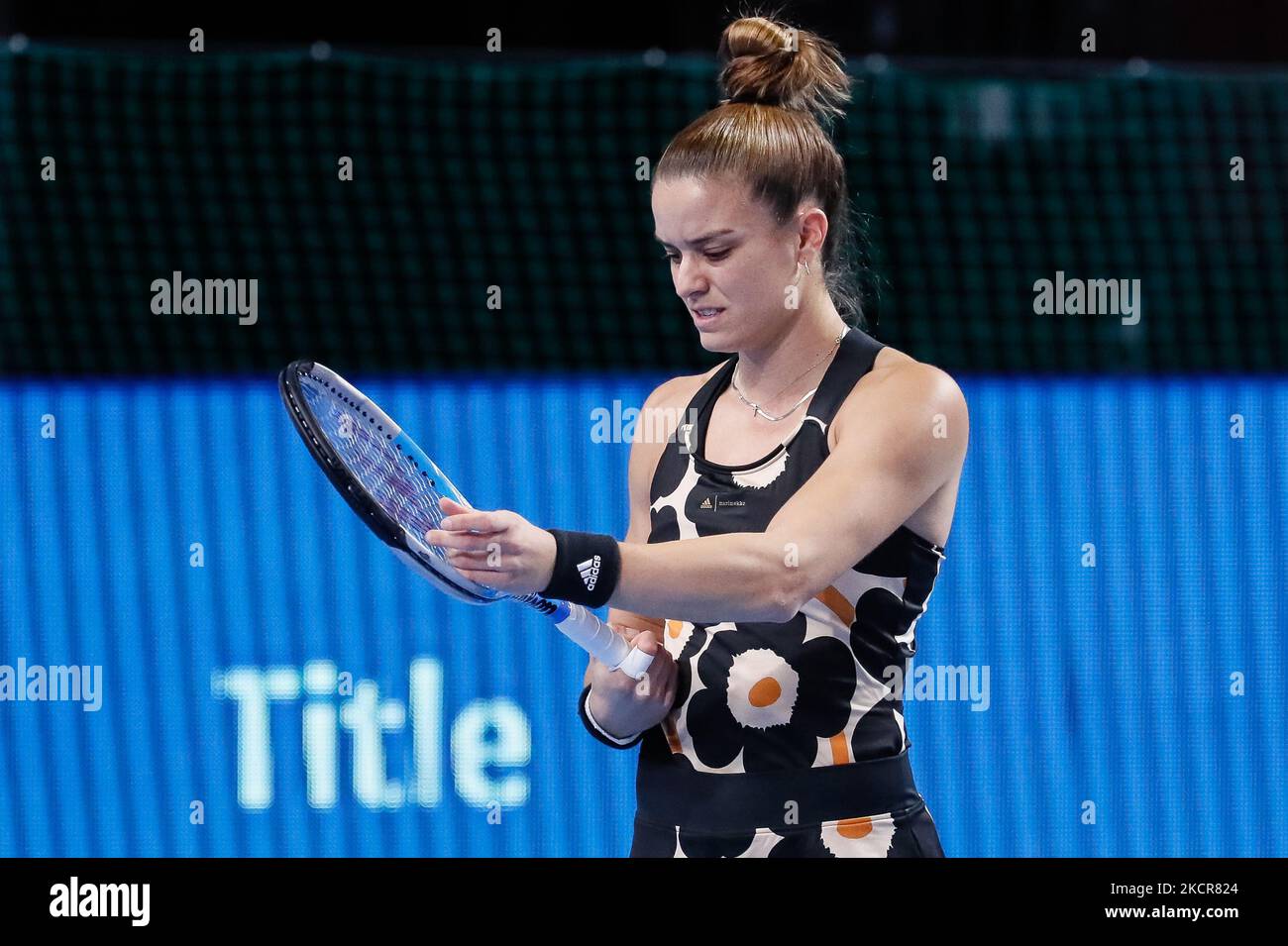 Maria Sakkari of Greece reacts during the women's singles quarterfinal ...