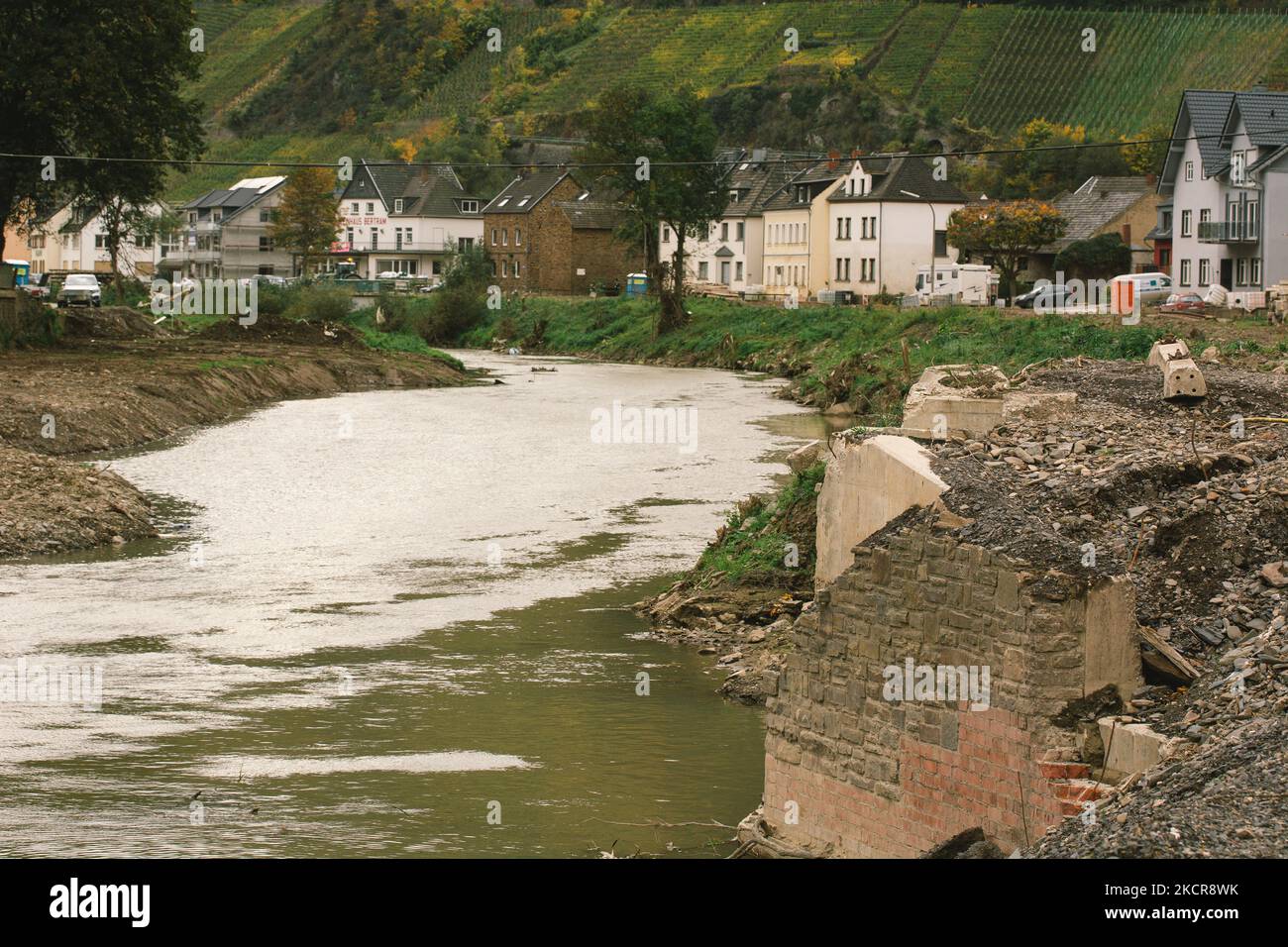 Ahr river is seen in village of Gernau, Germany on Oct 22, 2021, 100 ...