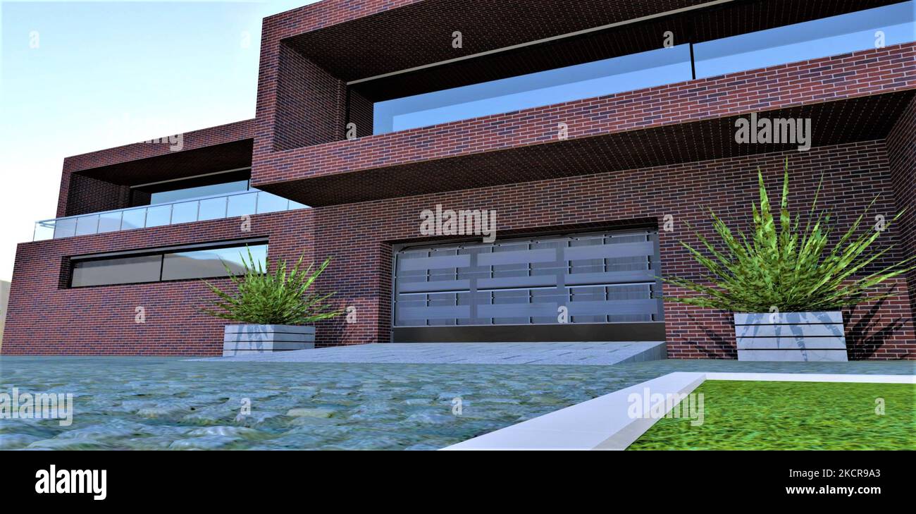 The design of the garage of an elite private house, lined with red and ...