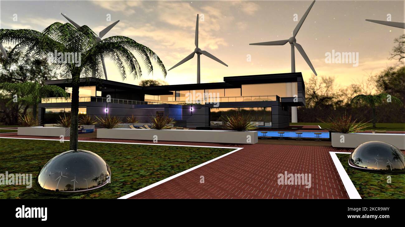 The wind turbines are reflected in a metal sphere buried in the lawn ...