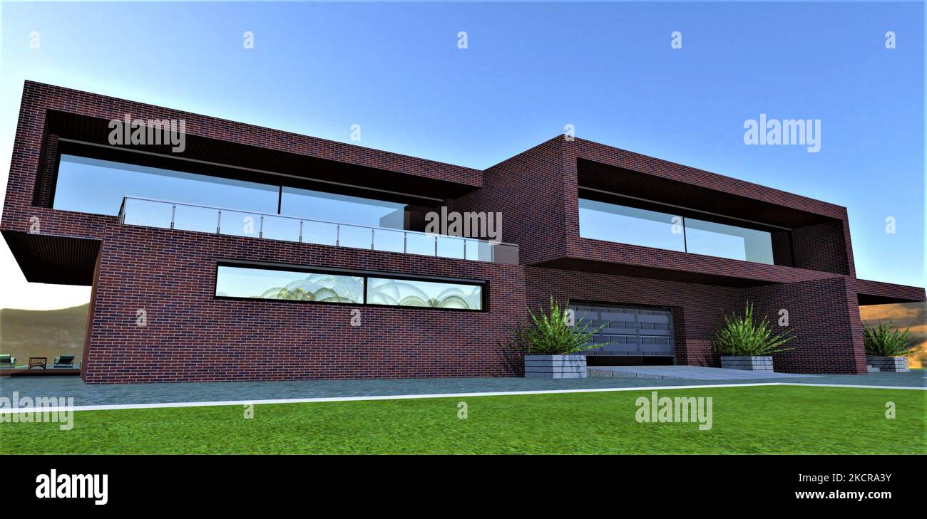 A freshly cut meadow in front of a garage of modern luxury housing ...