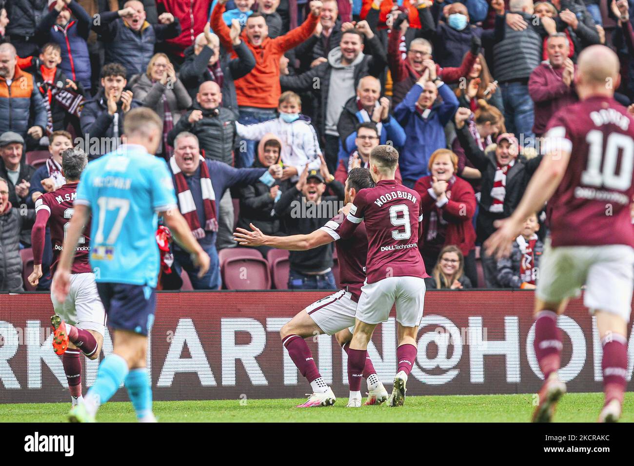 John Souttar of Hearts celebrates scoring his team's frist goal during ...