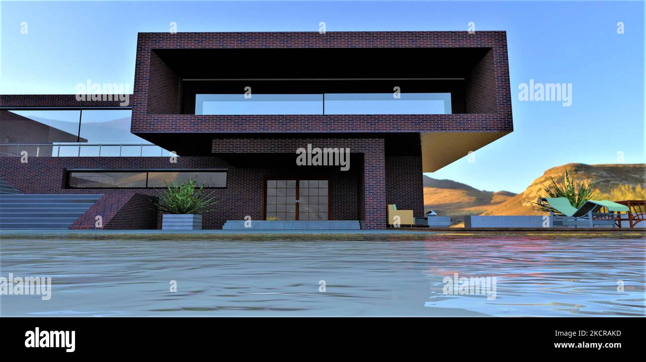 The surface of the water in the pool in the courtyard of a chic country ...