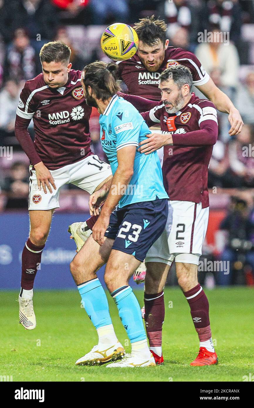 John Souttar of Hearts heads the ball during the Scottish Premier ...