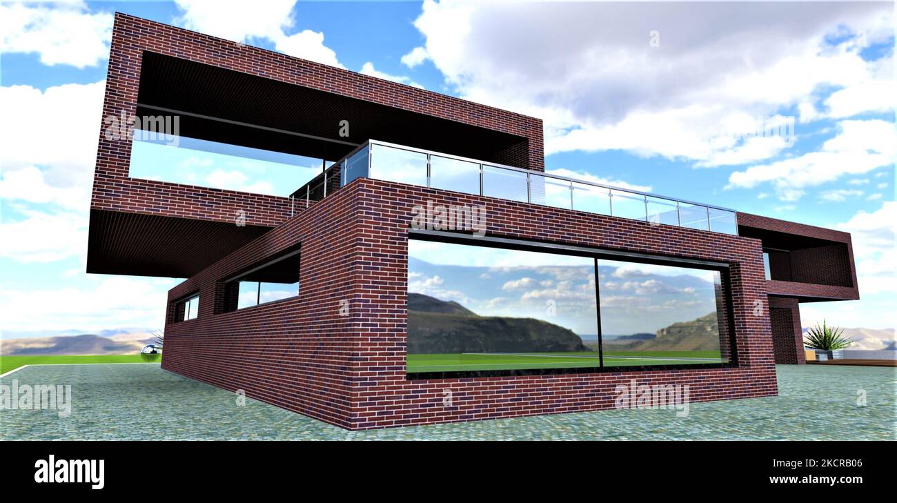 The concept of elite suburban housing made of red brick. Large mirrored ...