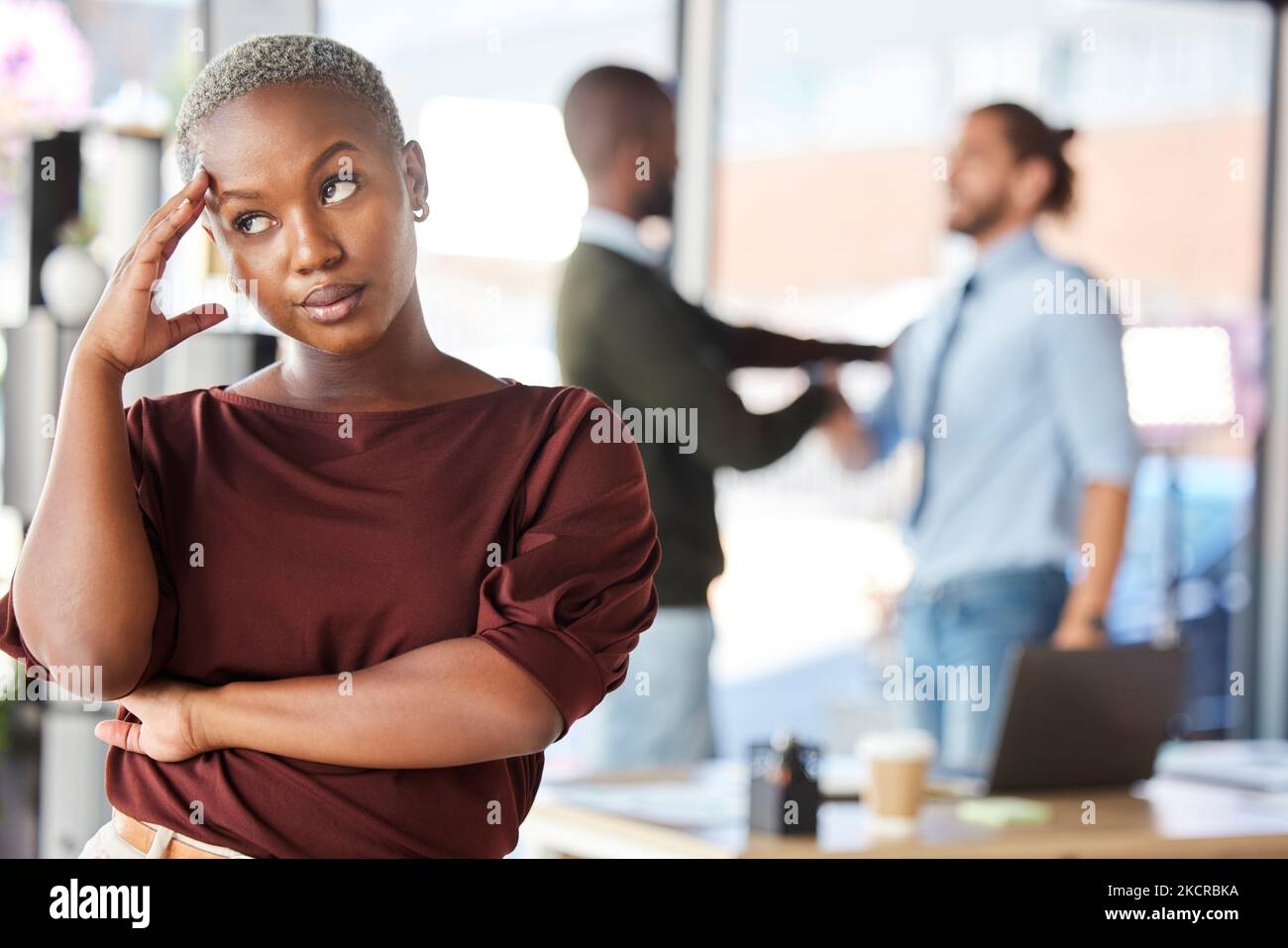 Annoyed, attitude and business woman in office, roll eyes at gender ...