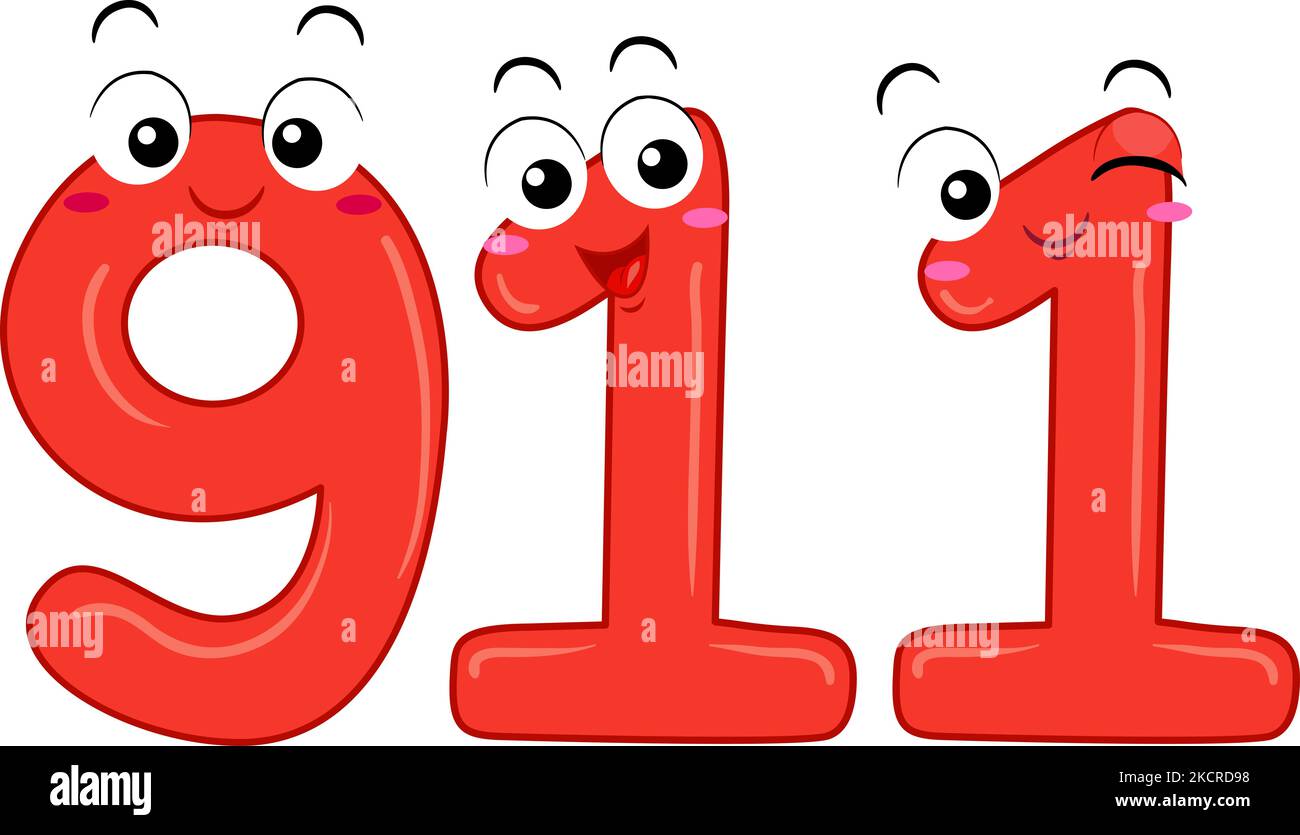 Illustration of Nine and One Mascot Numbers forming Emergency Number 911 Stock Photo - Alamy