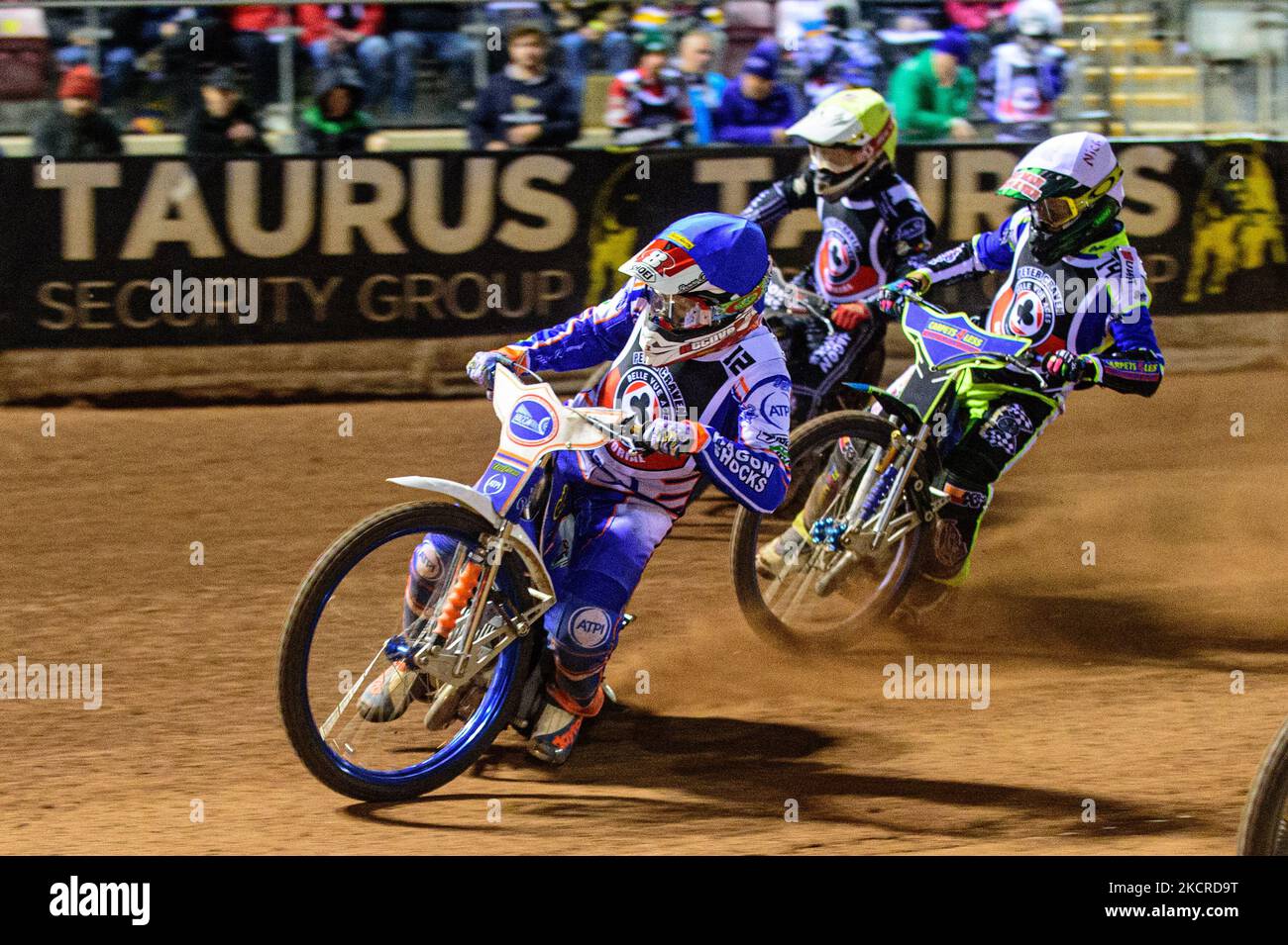 Jason Crump (Blue) leads Nick Morris (White) and Broc Nicol (Yellow ...