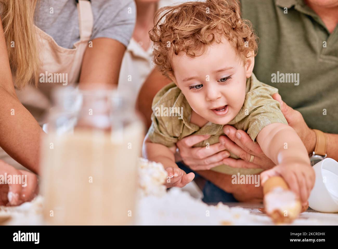 Love, parents and baby with cake for birthday party or celebration ...