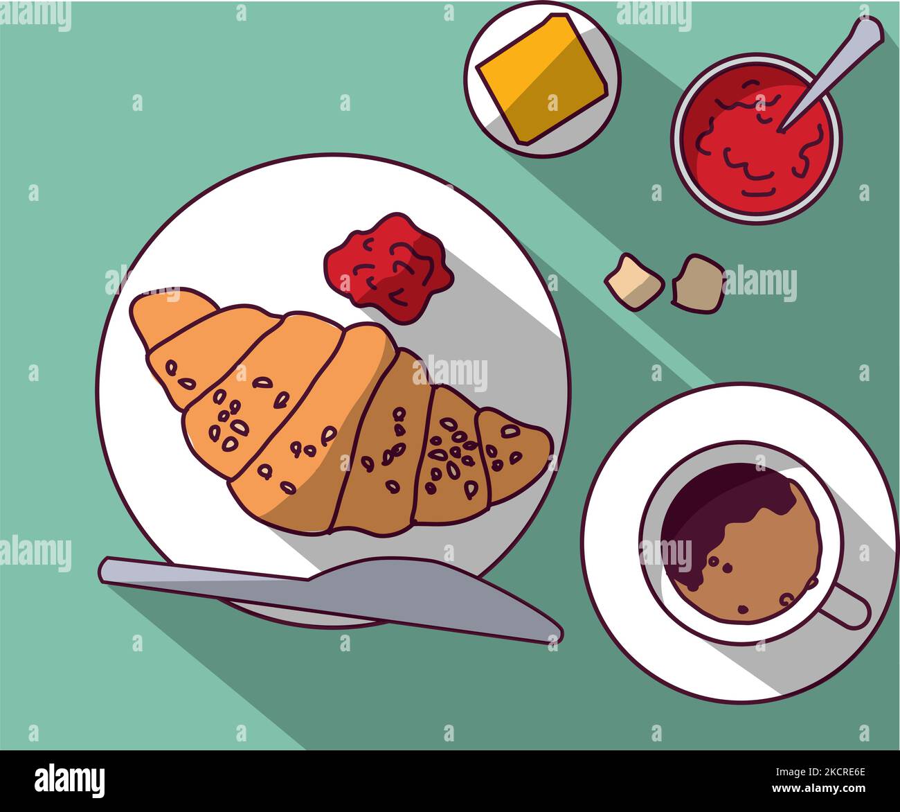 French breakfast croissant with butter and coffee. Color vector ...