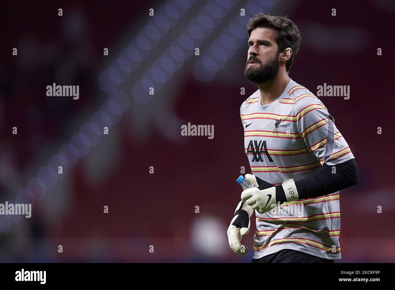 Alisson Becker of Liverpool during the warm-up before the UEFA ...