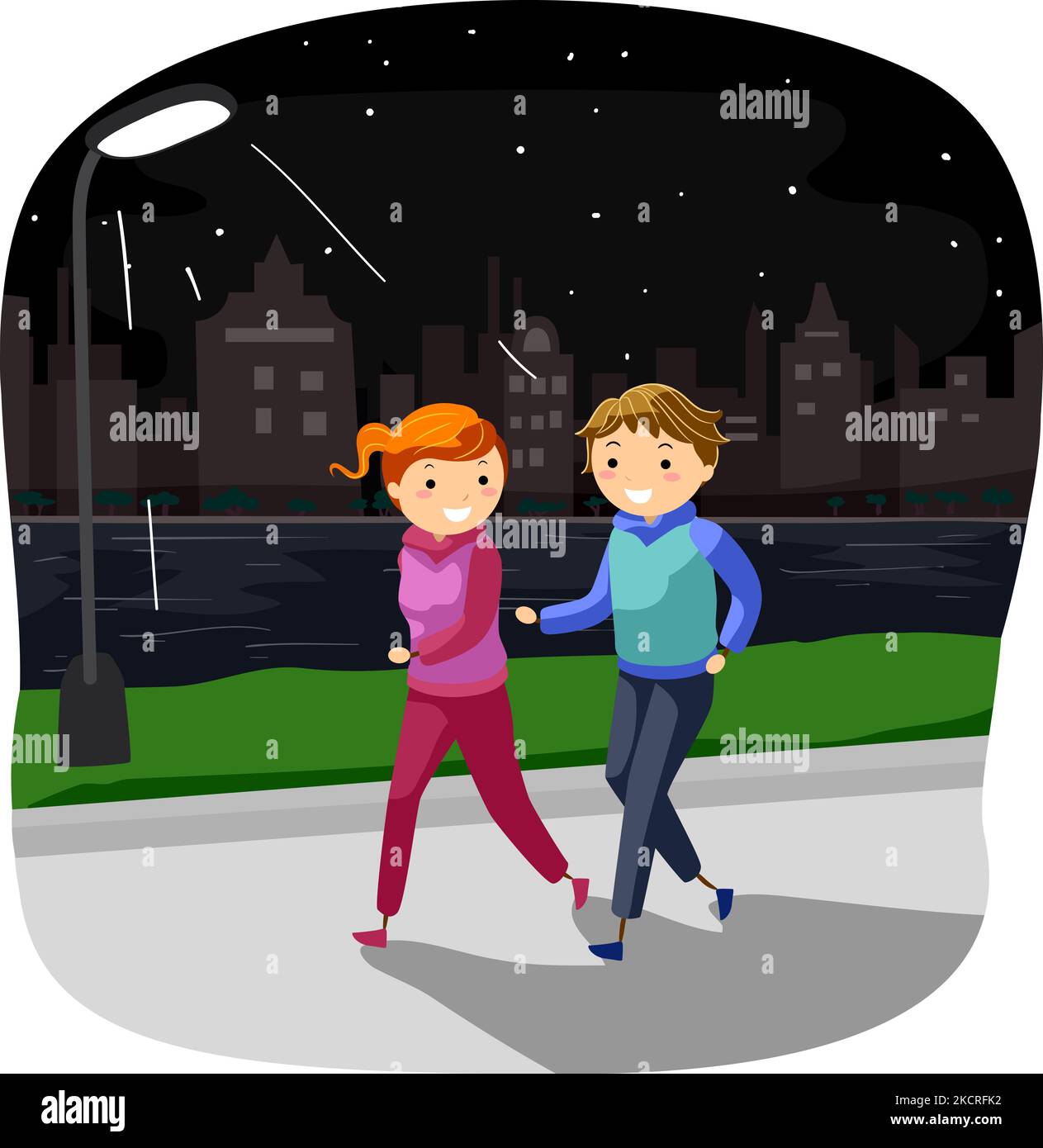 Illustration of Stickman Couple Man Woman Jogging in the Park at Night ...