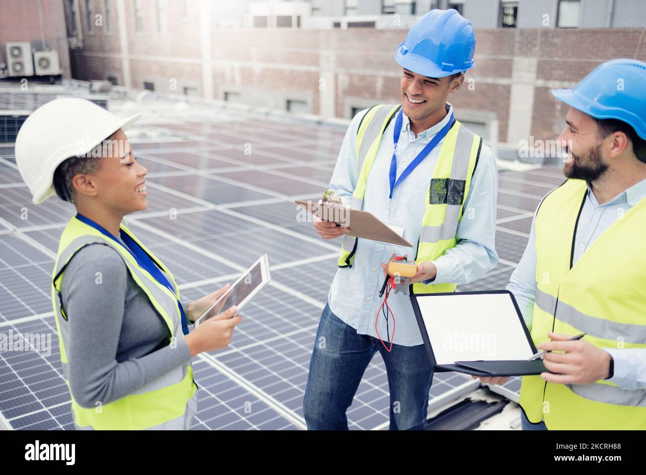 Teamwork, planning and employees in solar panel industry for ...