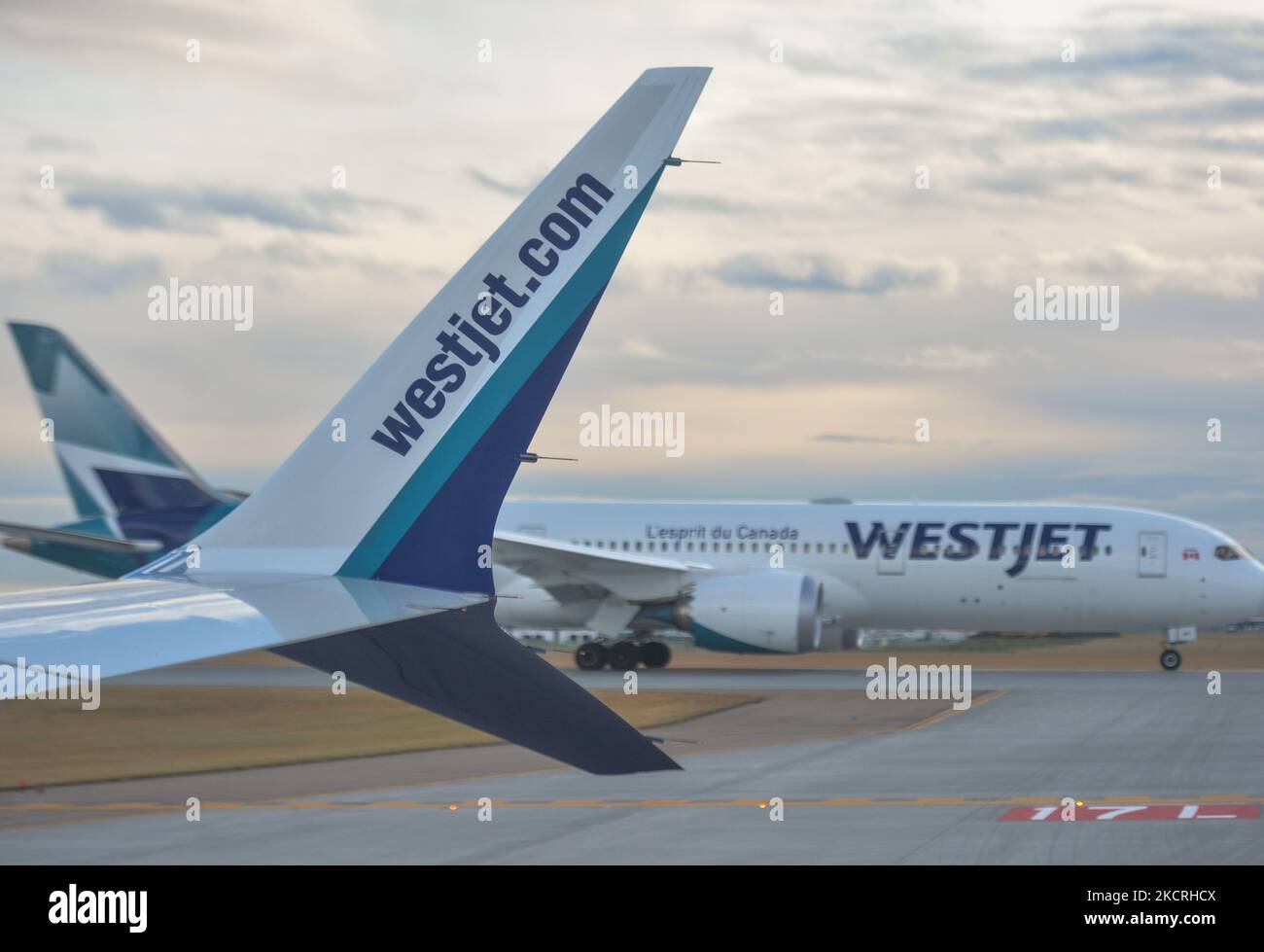 WestJet Airlines planes seen at YYC Calgary International Airport. On ...