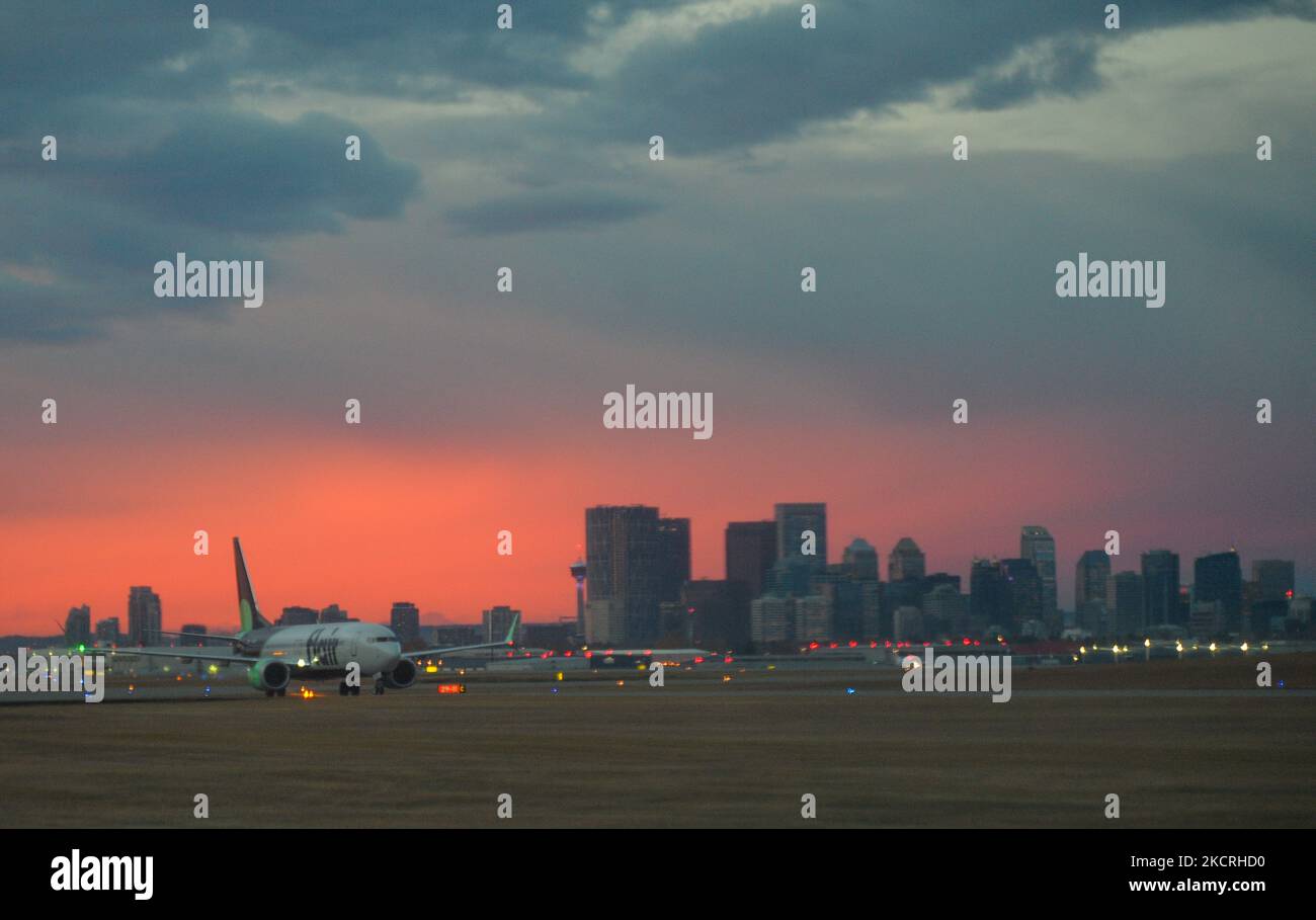 Flair Airlines plane landing at YYC Calgary International Airport. On ...