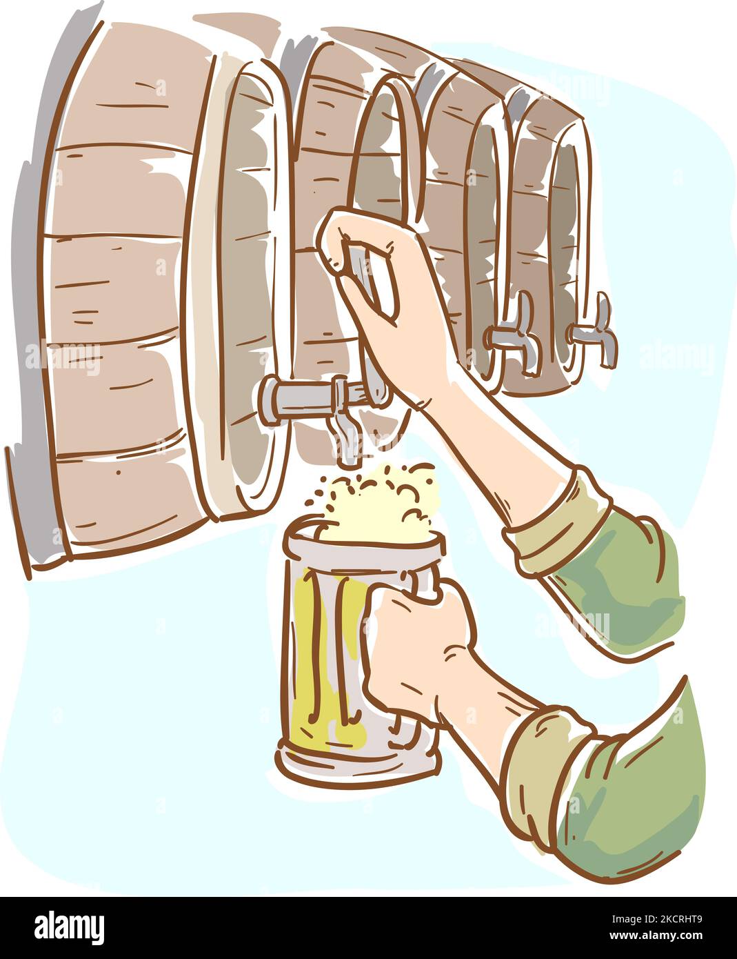Illustration of Beer Barrels with Hands Holding and Filling Beer Mug ...